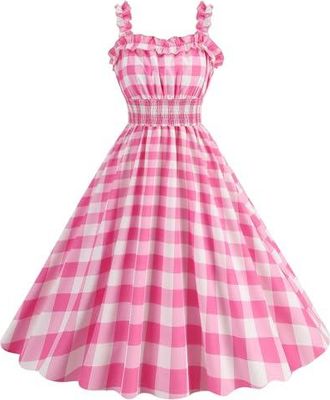Generic Robe Longue Vintage à Carreaux Vichy Rose, Bretelles Spaghetti, Robe trapèze rétro pour fête danniversaire, Devant froncé, Robes dété pour Femmes