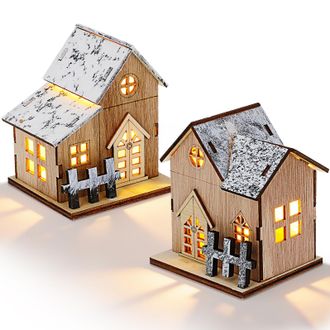 Artibetter NUOBESTY LED Weihnachtsdeko Holzhaus 2 St&uuml;ck mit LED Beleuchtung Kleine Holzornamente f&uuml;r Tischdekoration und Weihnachtsambiente Kreative Deko f&uuml;r Zuh