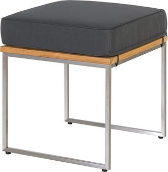 home24 Gartenhocker, Teak-Holz & Edelstahl Gestell, Fußhocker mit Dunkelgrauem Webstoff Polster, wetterfest & pflegeleicht, Balkon Terrasse