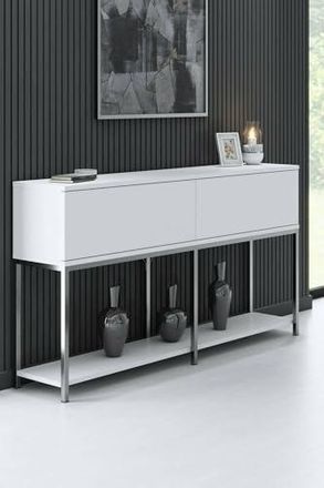 Dmora Sideboard Altair 150x30x80h cm Wei&szlig;, 2 Regale 4 F&auml;cher