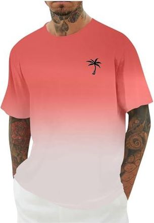 Generic Chemises pour homme adulte dégradé manches courtes classique col rond T-shirt à séchage rapide T-shirt dété Sports Fitness Workout Tops, rouge pastèqu