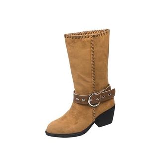 Generic Bottes de cowboy larges en daim synth&eacute;tique pour femme - Bout pointu - Boucle &eacute;l&eacute;gante - Talon bloc - Bottes mi-mollet &agrave; enfiler - Bottes mi-mollet, m