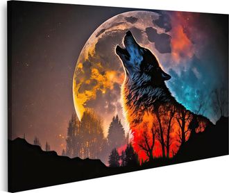 Islandburner Bild auf Leinwand Doppelbelichtung Heulender Wolf Silhouette Vollmondhimmel Bilder Wandbilder Poster