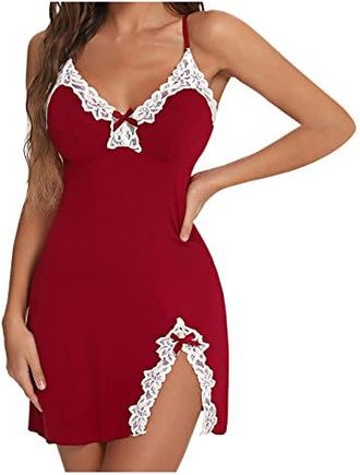 Generic Robe de nuit fine en dentelle avec noeud et fente lat&eacute;rale pour femme, Rouge, 5XL