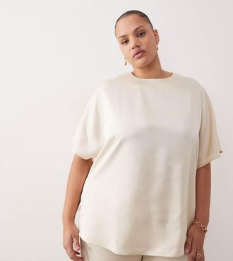 Pretty Lavish Curve Kastiges Oversize-Oberteil aus Satin in Austernwei&szlig;, Kombiteil