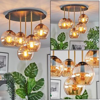 HOFSTEIN Deckenleuchte Koyoto, 5-flammige Deckenlampe aus Metall/Riffelglas in Schwarz/Messing/Bernstein, Leuchte im Retro/Vintage-Design (Schirme Ø 15 cm), E1