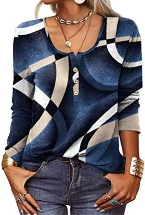 Onsoyours T-Shirt à Manches Longues Encolure en Rond Style Décontracté sur Le Devant Motif Floral Tunique Chemisier Henley pour Femme E8 Bleu L