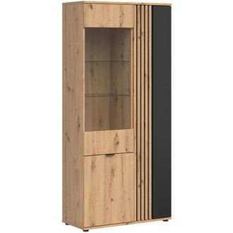 PEGANE Vitrine &agrave; 3 portes avec d&eacute;cor lamelles,coloris Ch&ecirc;ne artisan/Noir - Longueur 90,5 x Profondeur 40 x Hauteur 195,5 cm