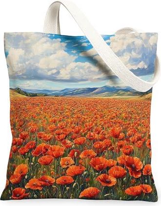 Generic Sac fourre-tout en toile r&eacute;utilisable avec motif de coquelicot printanier pour le shopping, 33 x 38,1 cm, motif paysage floral, sac d&eacute;picerie pour fem