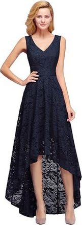 MisShow Robe de soir&eacute;e sans Manches avec col en V et High-Low Robe Femme Mariage Invit&eacute;e Bleu Marine M