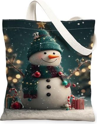 Generic Sacs fourre-tout en toile motif bonhomme de neige, sacs d&eacute;picerie r&eacute;utilisables, style joyeux hiver, toile l&eacute;g&egrave;re et lavable pour voyage 33 x 38 cm