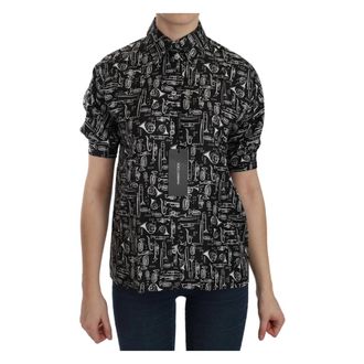 Dolce & Gabbana Schwarze Bluse mit Kragen und Musikinstrumenten - - Blouses & Shirts - Damen - Schwarzk - XS