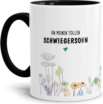 Tassendruck Tasse mit Spruch Blumen - an Schwiegersohn von Schwiegervater- Leben/Liebe/Geschenk/Familie/ - Innen & Henkel Schwarz