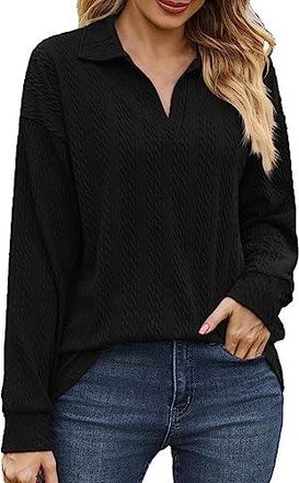 Generic Haut uni à manches longues pour femme - Facile à porter - Col en V - Petite couleur unie - T-shirt ample à manches longues - Vêtements pour la vie quo