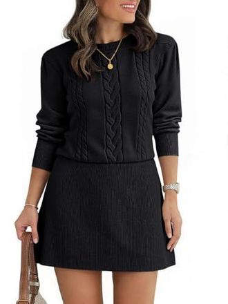 Generic Robe pull pour femme, manches longues, col haut, en maille c&ocirc;tel&eacute;e, coupe ajust&eacute;e, manches bouffantes, Noir, XXL