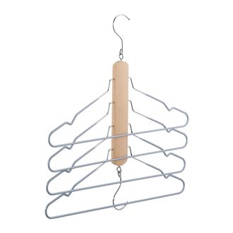 Relaxdays Mehrfach Kleiderbügel, platzsparend, 4 Hemdenbügel mit Hosensteg, Holz, Metall, Antirutschbügel, Natur/grau, 1 Stück