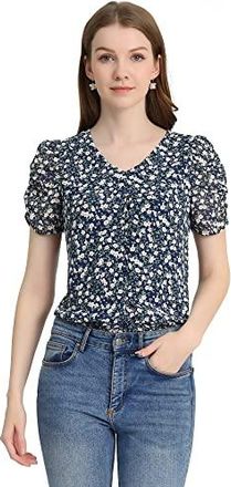 Allegra K Femmes Chemisier Fleuri Décolleté V Haut Décontracté Manches Courtes Bleu Marine S