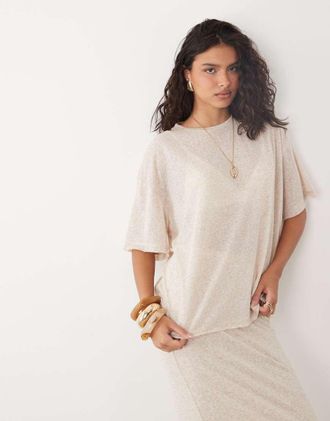 SNDYS T-Shirt aus Feinstrick in Creme meliert mit tief angesetzter Schulter, Kombiteil-Neutral
