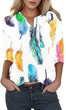 Generic Haut à manches 3/4 pour femme avec col en V boutonné sur le devant, imprimé floral, décontracté, confortable, léger, respirant, style quotidien, polyv
