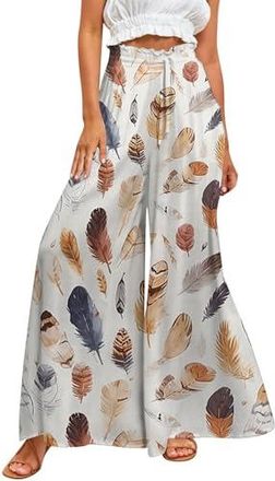 Generic Robe boh&egrave;me 2026 pour femme, pantalon palazzo &agrave; jambes larges, motif floral, jupe-culotte de plage d&eacute;t&eacute; 2025, pantalon fluide et d&eacute;contract&eacute;, blanc, X