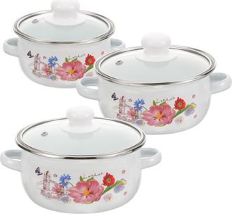 Milisten 3-Teiliges Emaille-Topfset, Doppelgriff-Suppentopf, Flacher Mini-Feuertopf, Tulpenmuster, Weiß, Ideal FüR Zuhause, Kochen Und Servieren