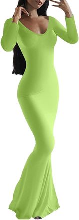 Generic Damen Langarm Maxikleid Figurbetont Sexy Bodycon Partykleid Eng Elegant Freizeitkleid Weiche Lounge Lang Slip Kleid