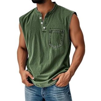 Generic T-shirt Henley vintage respirant sans manches pour homme, chemises Henley sans manches pour homme, gym, entra&icirc;nement, course &agrave; pied, Vert, 3XL