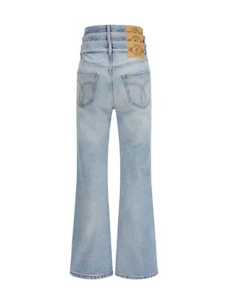 Fiorucci Womens Flared Jeans With Triple-Layer Waist Detail Light Blue Cotton