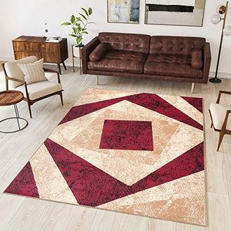 Tapiso Dream Tapis de Salon Chambre Salle &agrave; Manger Adulte Bureau Design Moderne Beige Cr&egrave;me Rouge G&eacute;om&eacute;trique Motif Carreaux Poil Court Fin Doux L&eacute;ger R&eacute;sist