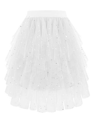 Bbonlinedress Tutu - Jupe en tulle - Longueur genou - Jupe courte - Jupe de danse &eacute;lastique - Costume de ballet - Costume de carnaval, Paillettes blanches, S