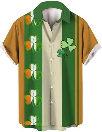 Generic DENGJIAMY Chemises de la Saint-Patrick pour hommes, grande taille, bloc de couleurs, tr&egrave;fle &agrave; manches courtes, chemise boutonn&eacute;e, haut hawa&iuml;en, v&ecirc;teme