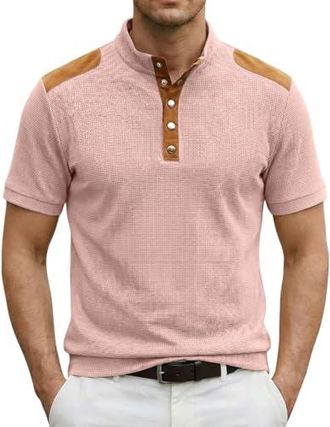 Generic Polo gaufr&eacute; en daim pour homme &agrave; manches courtes avec boutons - Style d&eacute;contract&eacute; - Couleur contrast&eacute;e - Col &agrave; revers - Ample - Doux - Extensible - Po