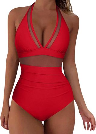 Generic Damen Badeanzug Push Up V Ausschnitt Monokinis Bauchweg Einteilige Bademode Mesh Gepolsterte Badebekleidung Badekost&uuml;m