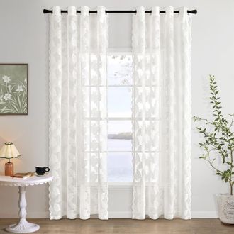 Miulee Gardine Weiß Spitzenvorhänge mit Blattmuster, Transparent Lichtdurchlässige Gardinen mit Ösen 2er Set Voile Vintage Europäische Stil für Schlafzimmer 