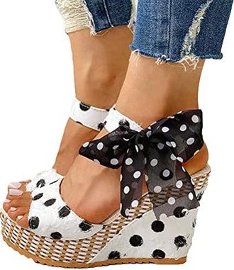 Onsoyours Sandales à Talons Hauts Femme Plateforme Été Sandales À Pois Compensées Bout Ouvert Rome Chaussures pour Plage Vacances B Blanc 39 EU