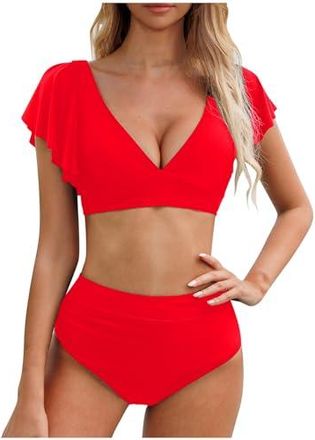 Generic Maillot de Bain Femme 2 Pieces Maillot de Bain Sexy pour Femmes,col en V Profond,&agrave; Volants,Taille Haute,Culotte pliss&eacute;e