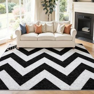 Generic Tapis 140 x 200 cm Lavable Poil Ras Anti Slip Chambre - Motifs Simples &Agrave; Chevrons Rayures Et Blocs Th&egrave;me Tapis de Salon, Noir Et Gris Moquette Decorat