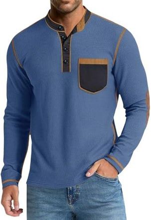 Generic Henley Chemises pour homme avec poche - T-shirt gaufr&eacute; &agrave; col montant - T-shirt &agrave; manches longues - T-shirt de golf d&eacute;contract&eacute; et respirant - Coupe dr