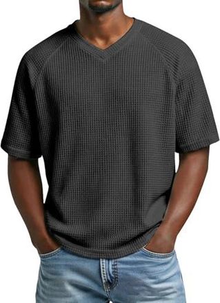 Generic DENGJIAMY Chemise gaufr&eacute;e &agrave; manches courtes pour homme - Uni - D&eacute;contract&eacute; - Col en V - Manches courtes - Classique - Solide - T-shirt tendance pour h