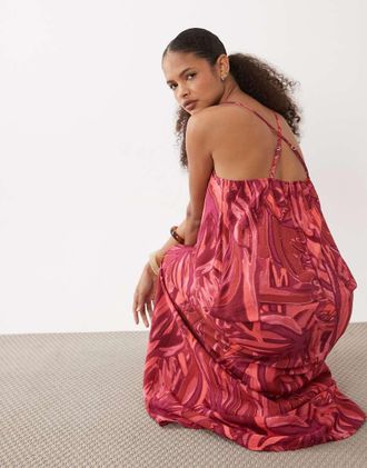 Vila Maxi-Tr&auml;gerkleid mit &uuml;berkreuzten Tr&auml;gern und tropischem Muster in Rot-Mehrfarbig