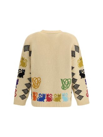 Valentino Mens Cardigan With Le Chat De La Maison Jacquard Motif Multicolor. Fleece Wool Sweater