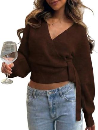 Generic Pull en tricot &agrave; col en V crois&eacute; pour femme avec noeud irr&eacute;gulier, haut enveloppant &agrave; manches longues, &eacute;paules tombantes c&ocirc;tel&eacute;es, hauts en tricot d&eacute;c