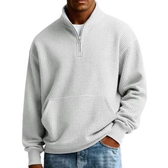 Generic Sweat-shirt gaufr&eacute; &agrave; manches longues avec fermeture &eacute;clair 1/4 pour homme, pull gaufr&eacute; d&eacute;contract&eacute; &agrave; manches longues avec poche, blanc, 3XL