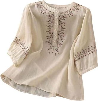 Generic Chemisier brod&eacute; &agrave; boutons pour femme | Tunique douce &agrave; col rond et manches 3/4, l&eacute;g&egrave;re et respirante, d&eacute;contract&eacute;e, pour le travail, les vacances, le 