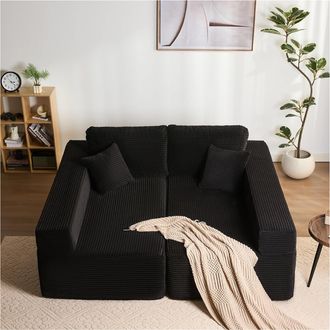 Generic Rahmenloses Bodensofa, Modulares L f&ouml;rmiges Ecksofa, mit Schlaffunktion, Cordstoff, Hautfreundlich und komfortabel, montagefrei, Zum Lesen(Schwarz,Sym