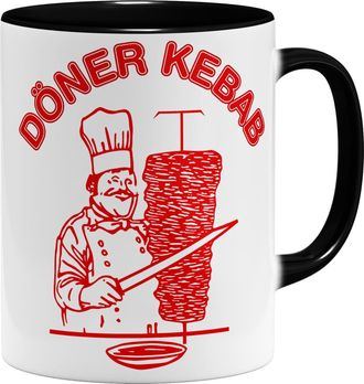 OM3 D&ouml;ner Kebab Kaffee-Tasse Kult Logo D&ouml;nermann Drehspie&szlig; - Keramik Becher - 325ml - Beidseitig Bedruckt - Schwarz