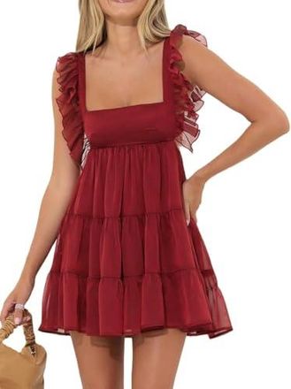 Generic Mini robe nuisette courte d&eacute;t&eacute; pour femme avec col carr&eacute; et manches volant&eacute;es, A-bordeaux., M