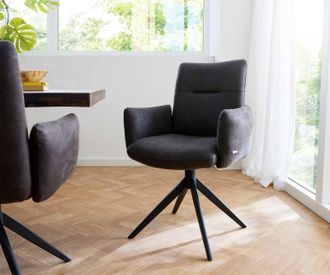 DELIFE Drehstuhl Jova-Flex mit Armlehnen Mikrofaser Anthrazit Vintage Kreuzgestell breit Schwarz 360&deg; drehbar Taschenfederkern, Esszimmerst&uuml;hle