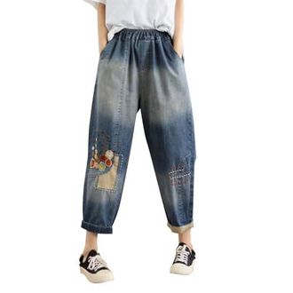 Generic Jean taille haute pour femme Y2K Baggy Flower brod&eacute; &eacute;lastique jean droit jambe large pantalon d&eacute;contract&eacute; artistique 7 pouces jeans streetwear, beige,