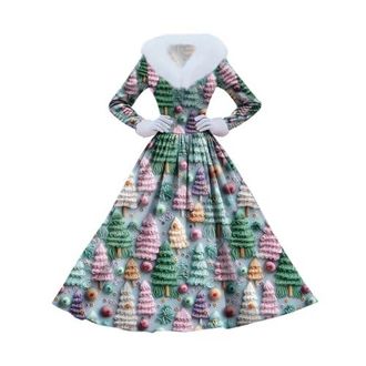 Generic Robe de Noël élégante pour femme - Col en V - Motif sapin de Noël - Robe décontractée - Pour les vacances, les cocktails, les fêtes - Costume vintage,